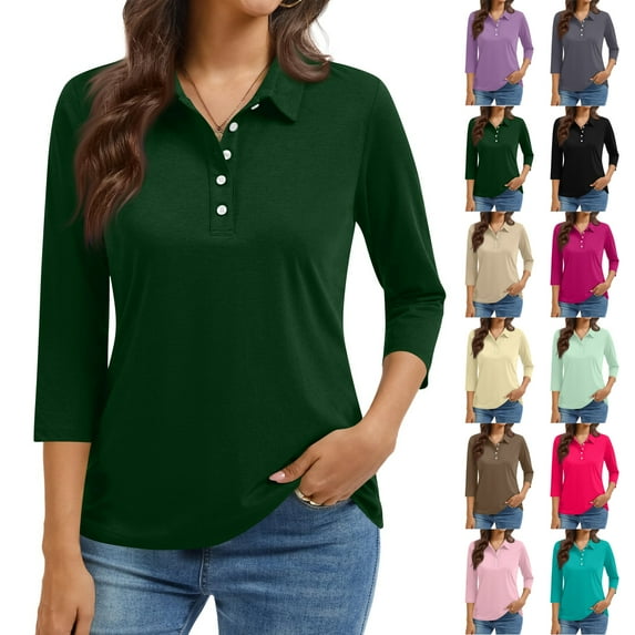 Inglocry Women's Polo Shirt 3/4 Sleeve Tops Collared Button Down Solid ...