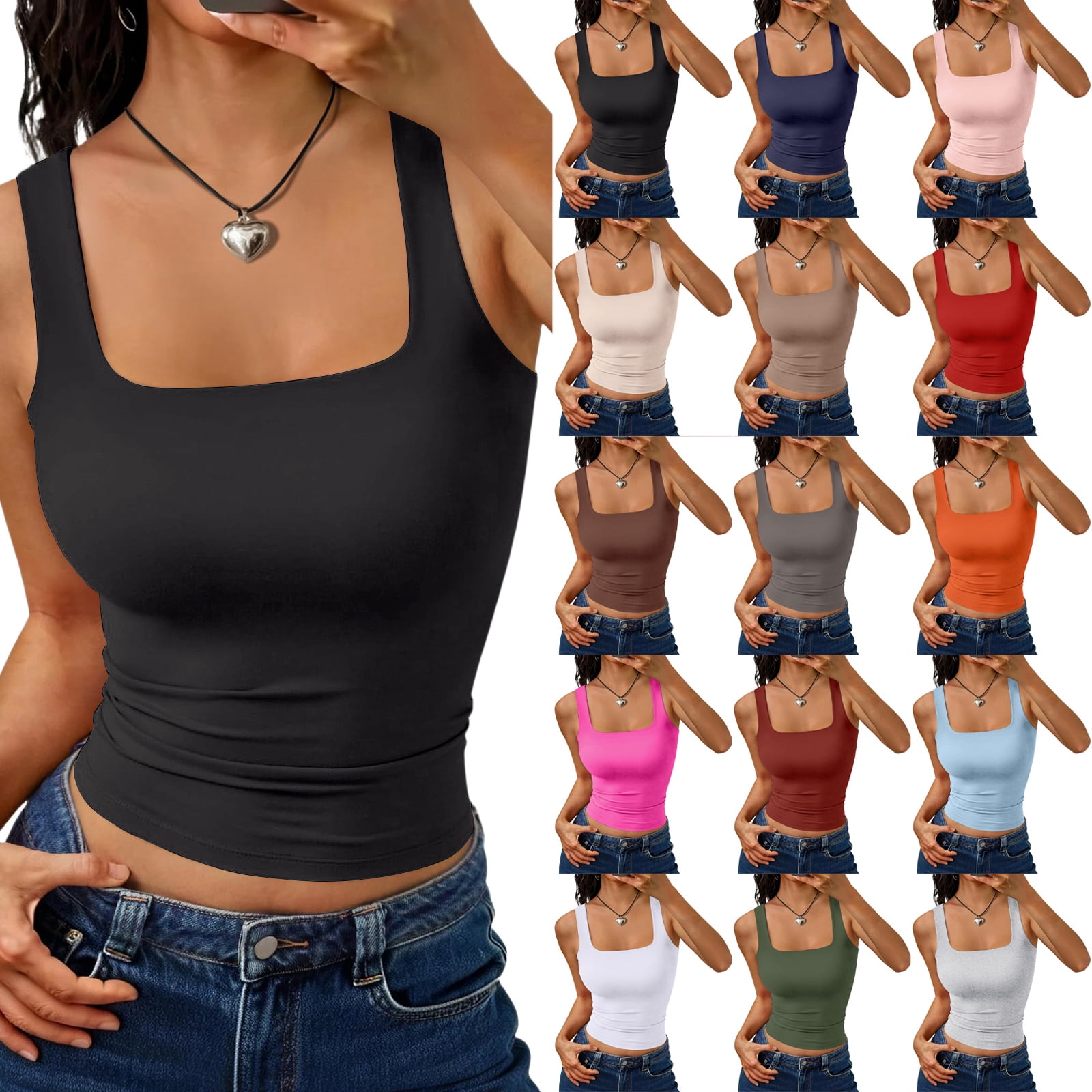 Inglocry Womens Double Lined Tank Tops Square Neck Sleeveless Crop ...