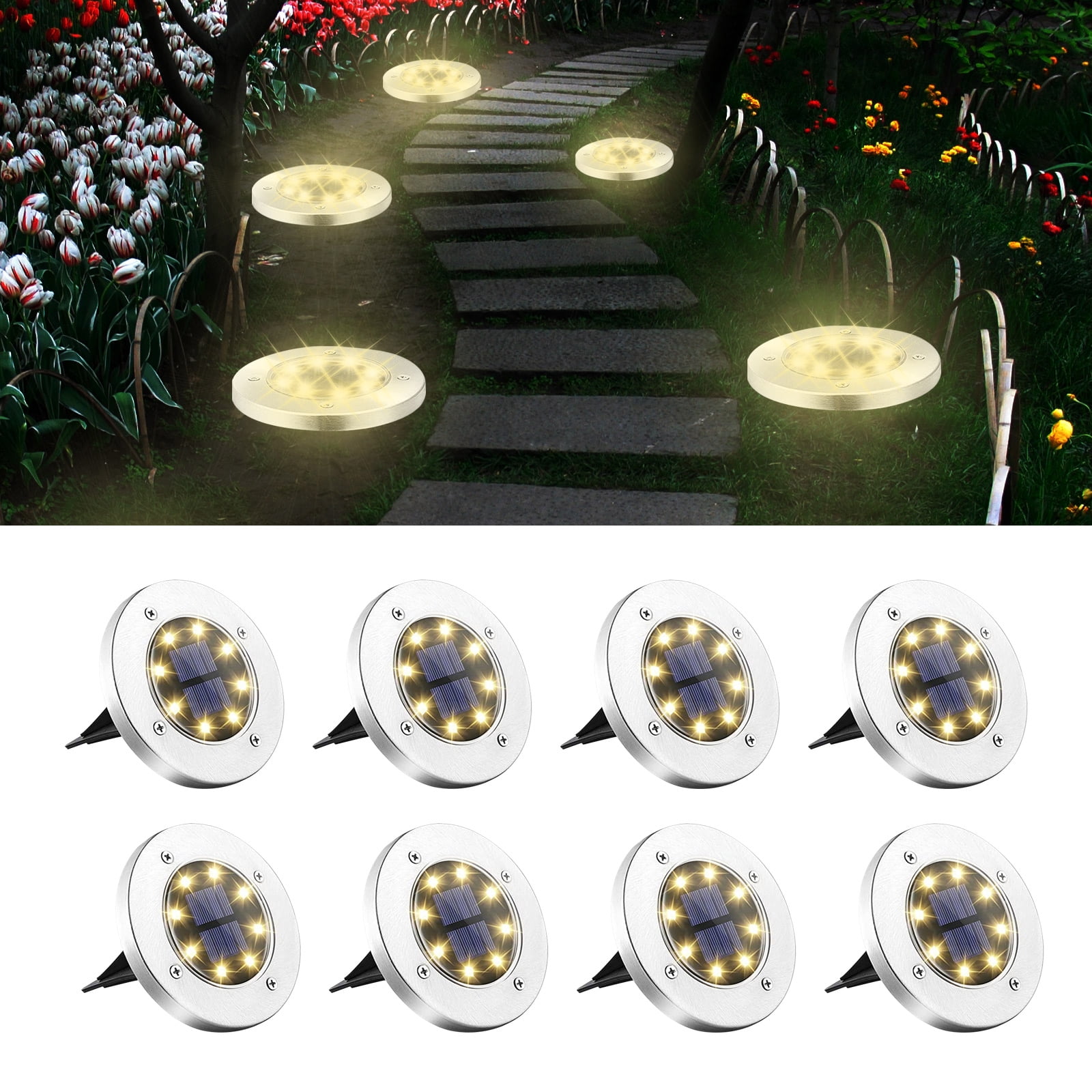 Inground Lights for Outside, 8 LED Waterproof Solar Powered Disk Lights ...