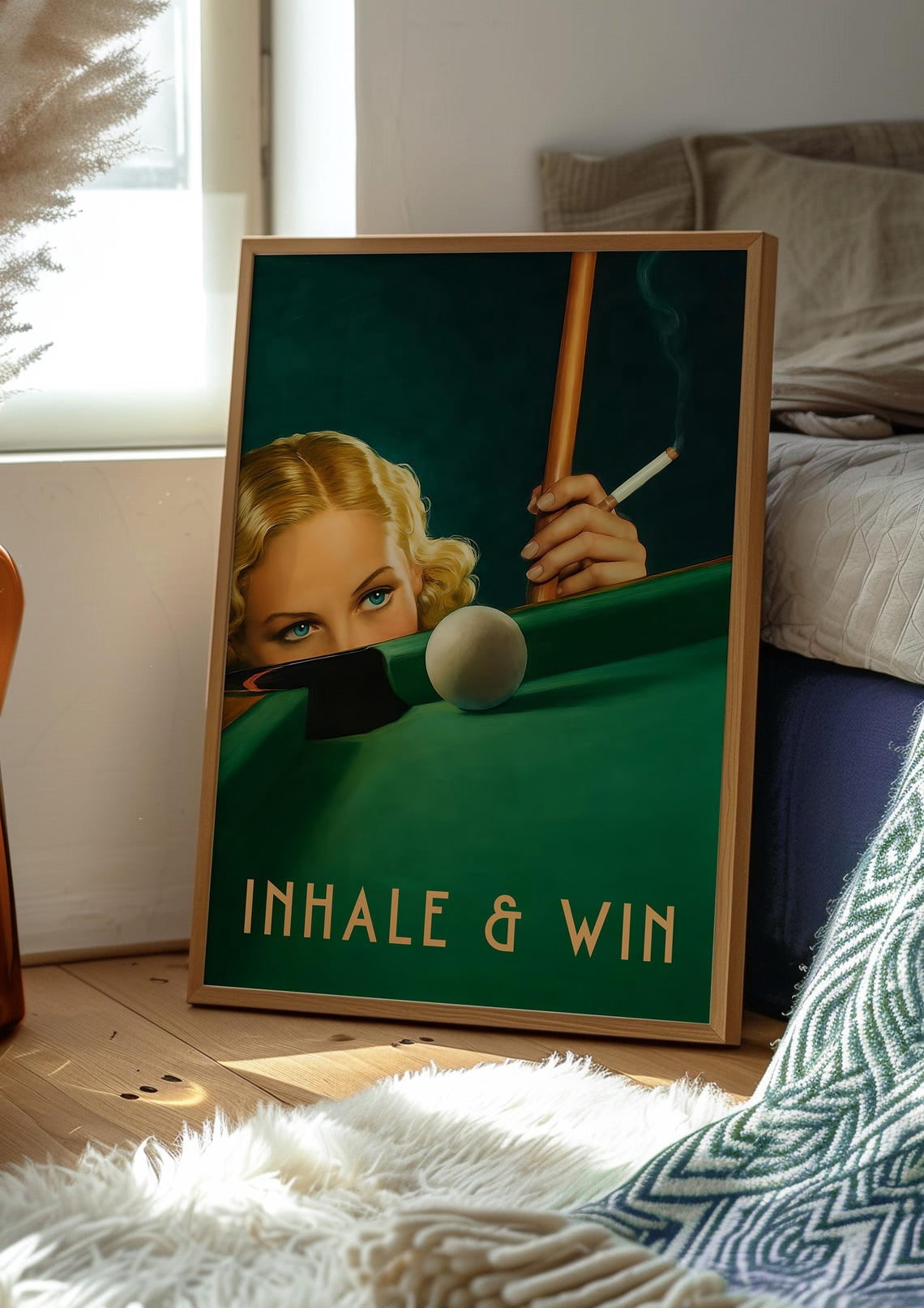 Inhale & Win Retro Pool Art Print, Vintage Billiards Poster, Bar Cart ...