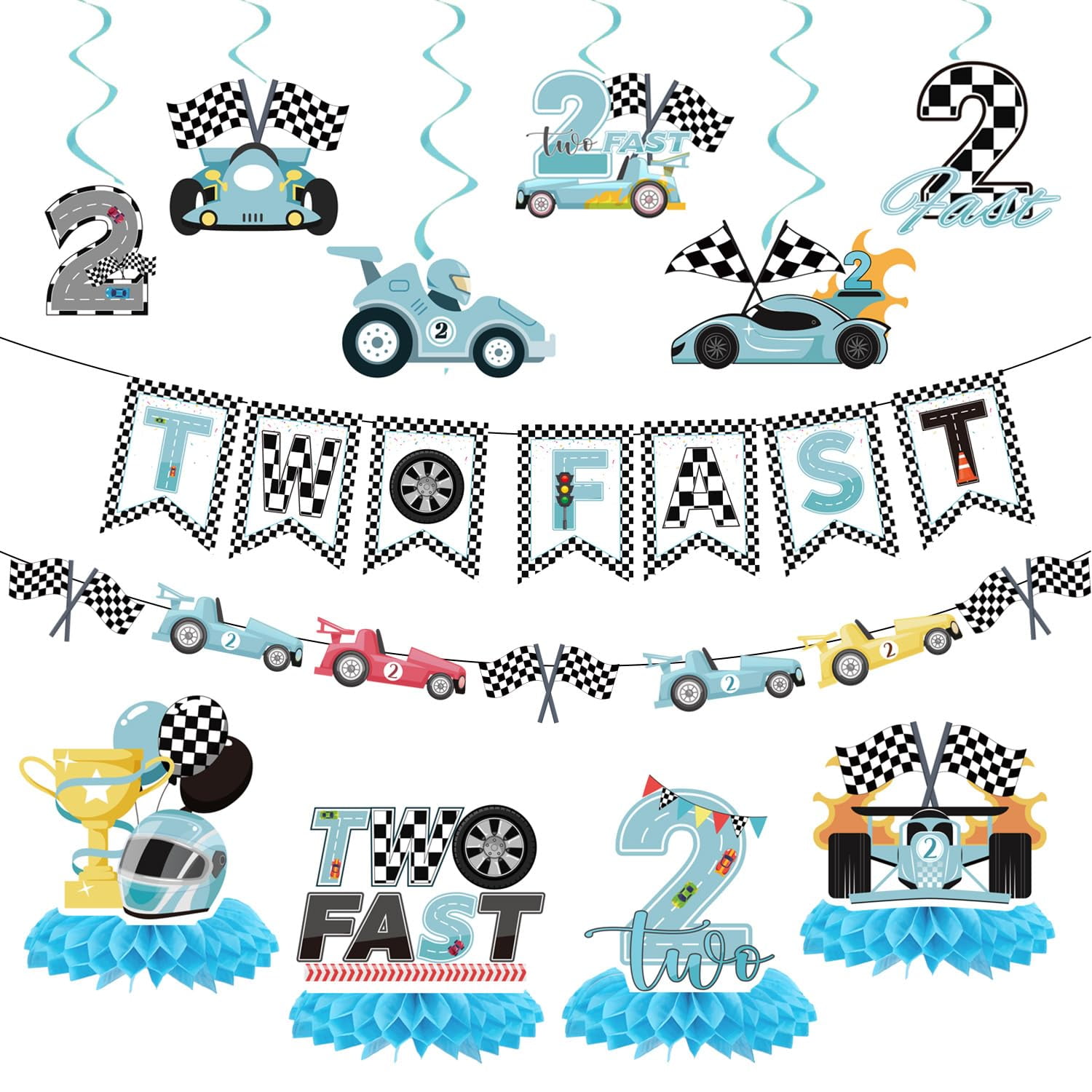 Inisajace Two Fast Birthday Decor - 12PCS Two Fast Birthday Banners and ...