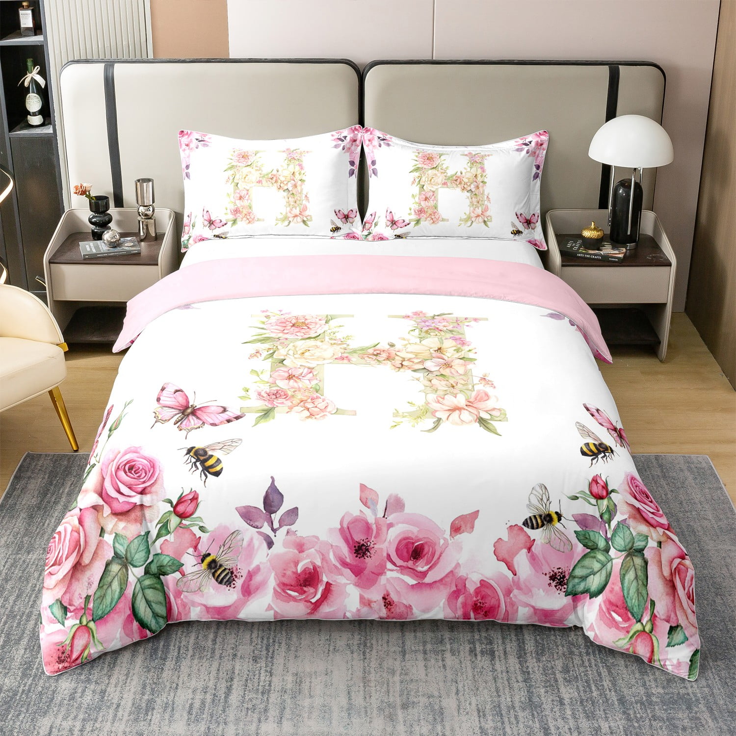 Initial A-Z 100% Cotton Duvet Cover King,Initial Letter H Bedding Set ...