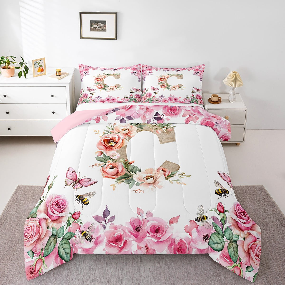 Initial A-Z Comforter Set Twin,Initial Letter C Bedding Set,Floral ...