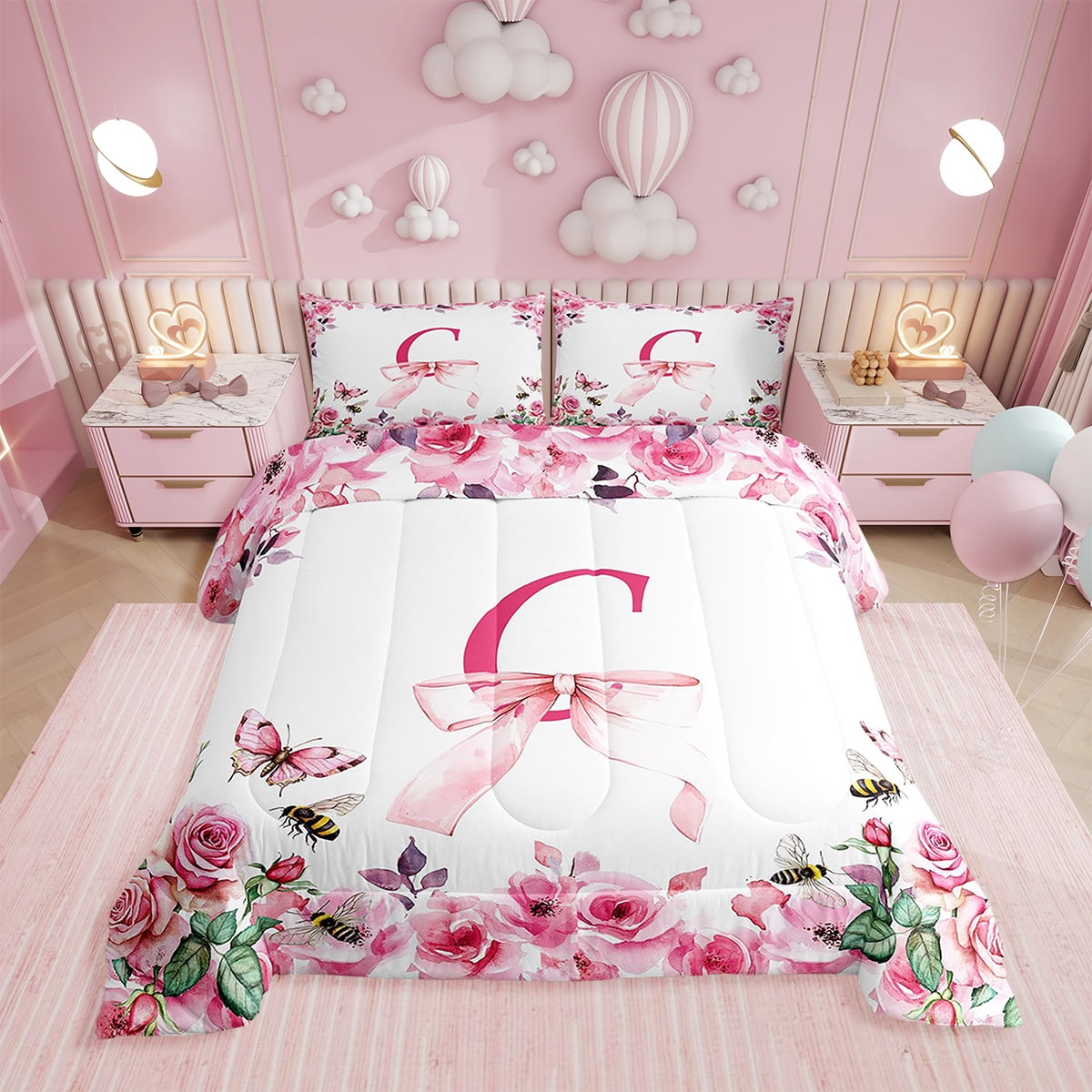 Initial A-Z Comforter Set Twin,Initial Letter C Bedding Set,Floral ...