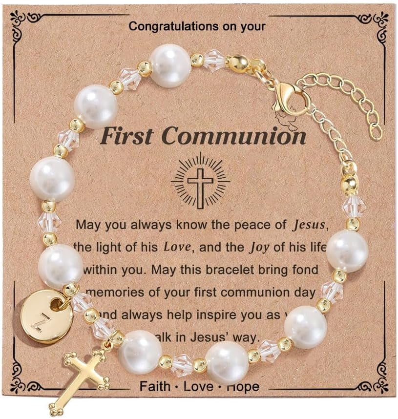 Initial A-Z Letter First Communion Gifts,Rosary Pearl Cross Bracelet ...