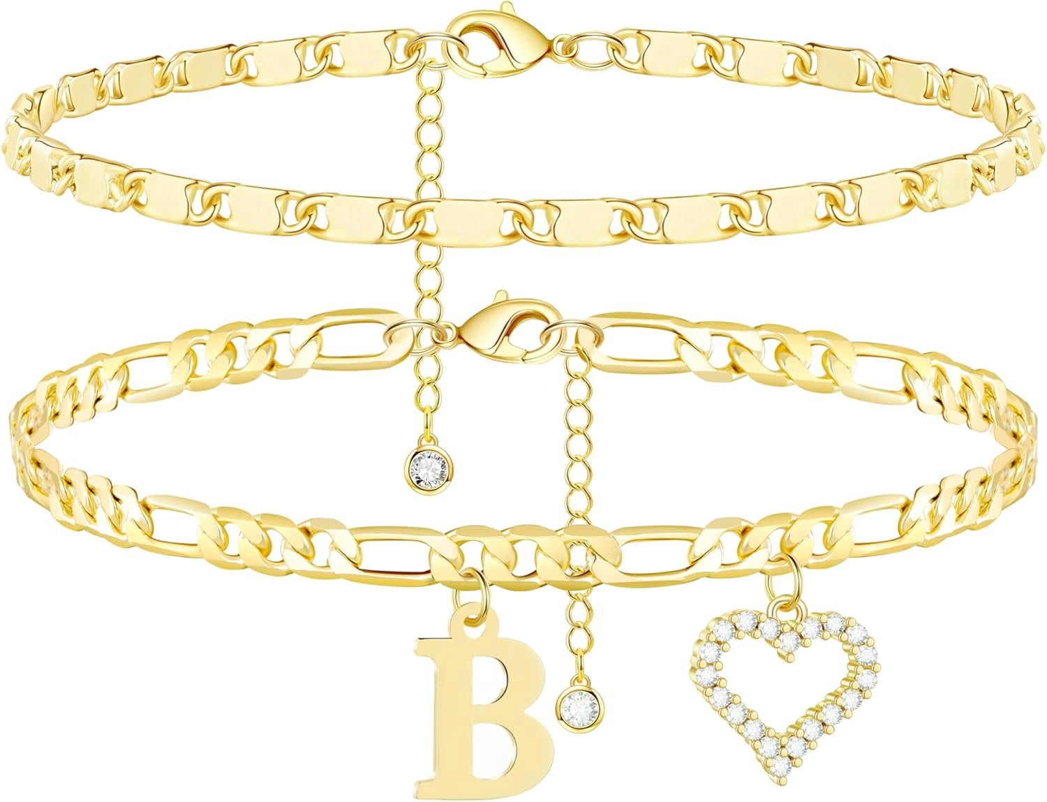 Initial Ankle Bracelets for Women 14K Dainty Layered Figaro Chain ...