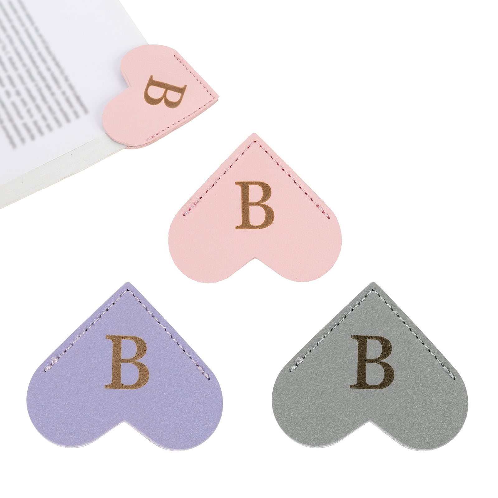 Initial B Corner Bookmarks, 3Pcs Heart Shape Leather Book Marks Page ...