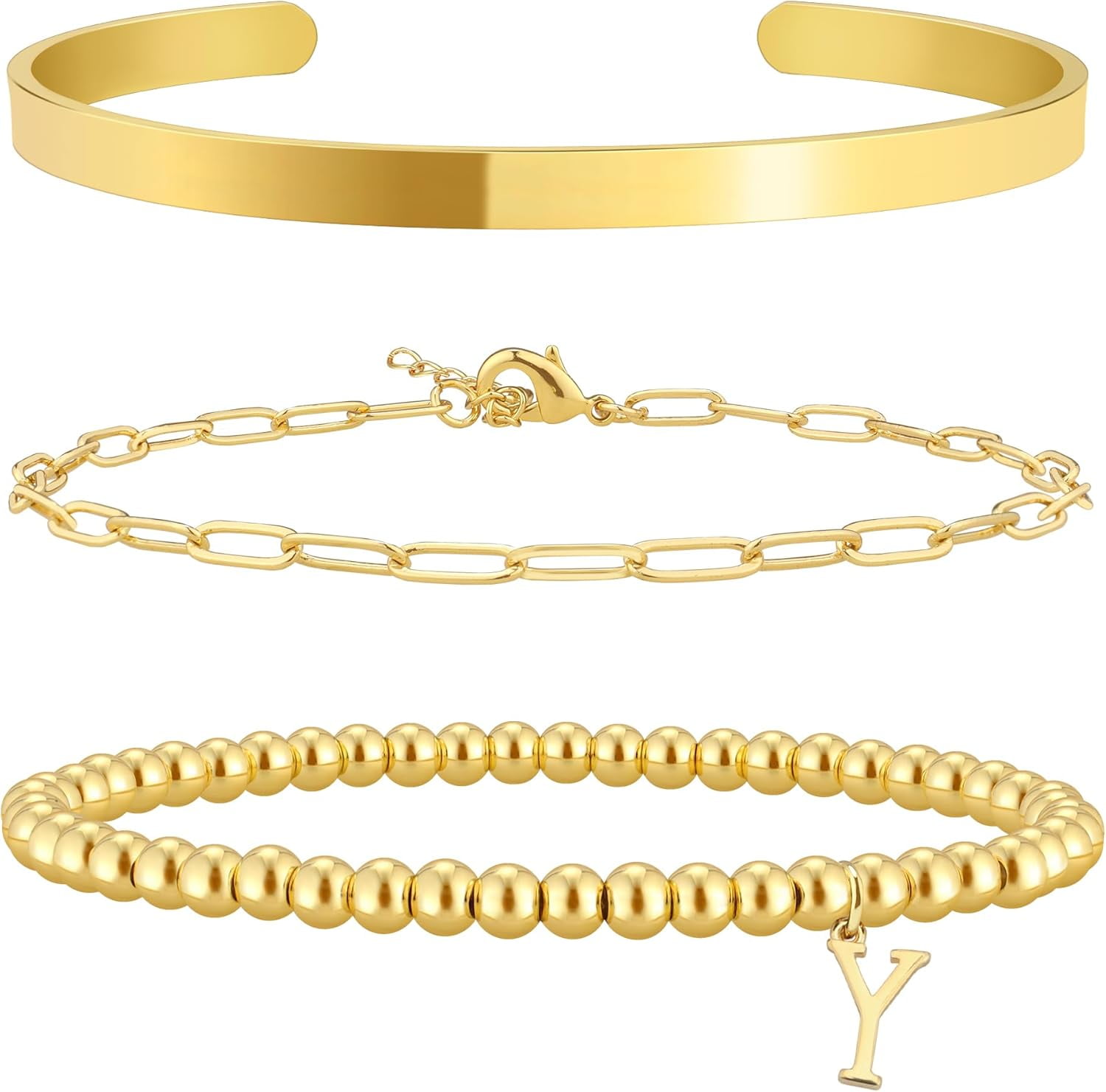 Initial Bracelet Set For Women,14K Gold Plated Stackable Beaded Non Tarnish Bracelet With Letter ...