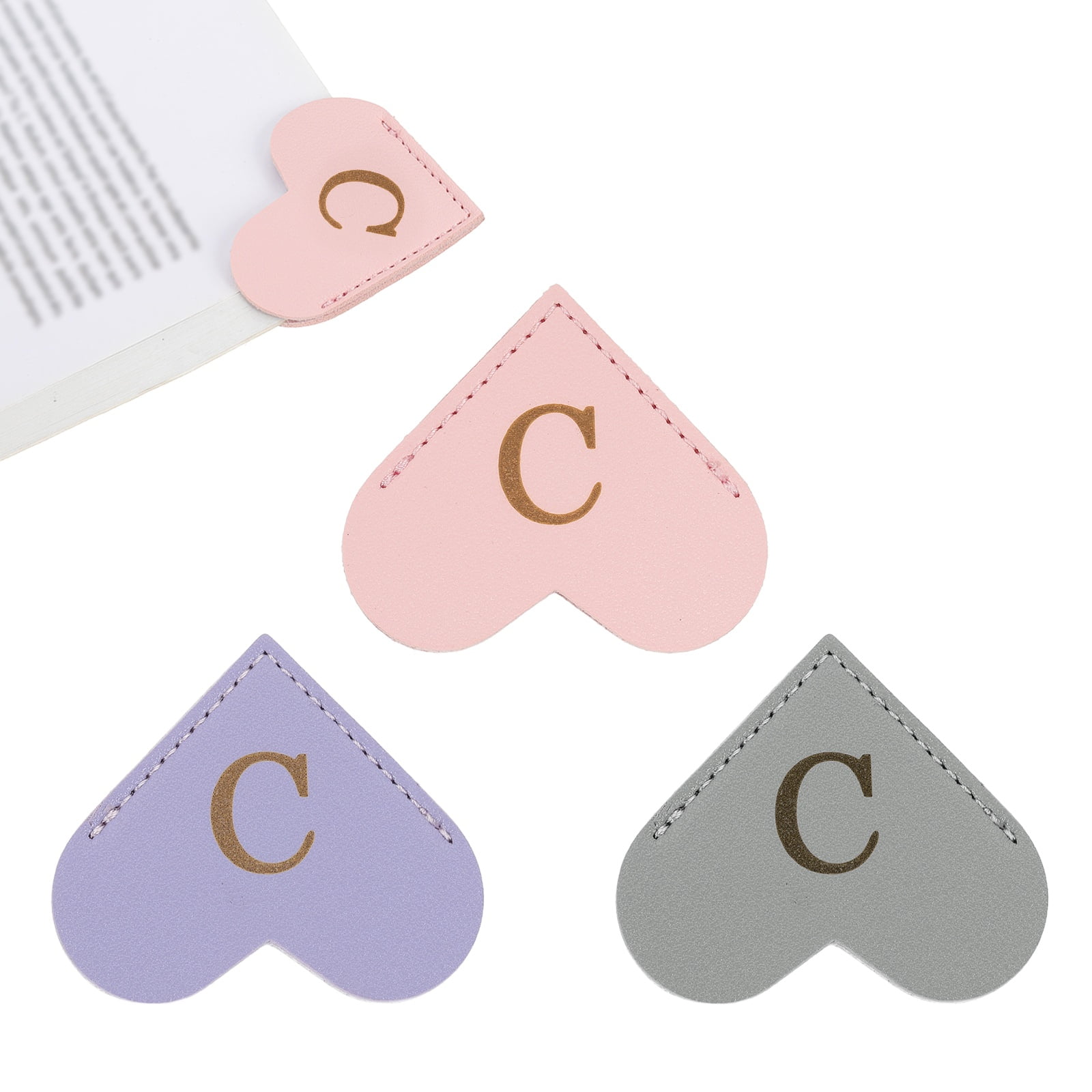 Initial C Corner Bookmarks, 3Pcs Heart Shape Leather Book Marks Page Markers Cute Page Clip for ...