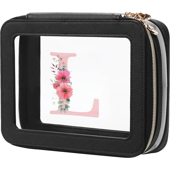 Initial Clear Makeup Bag for Women, PU Leather Letter Floral Print ...