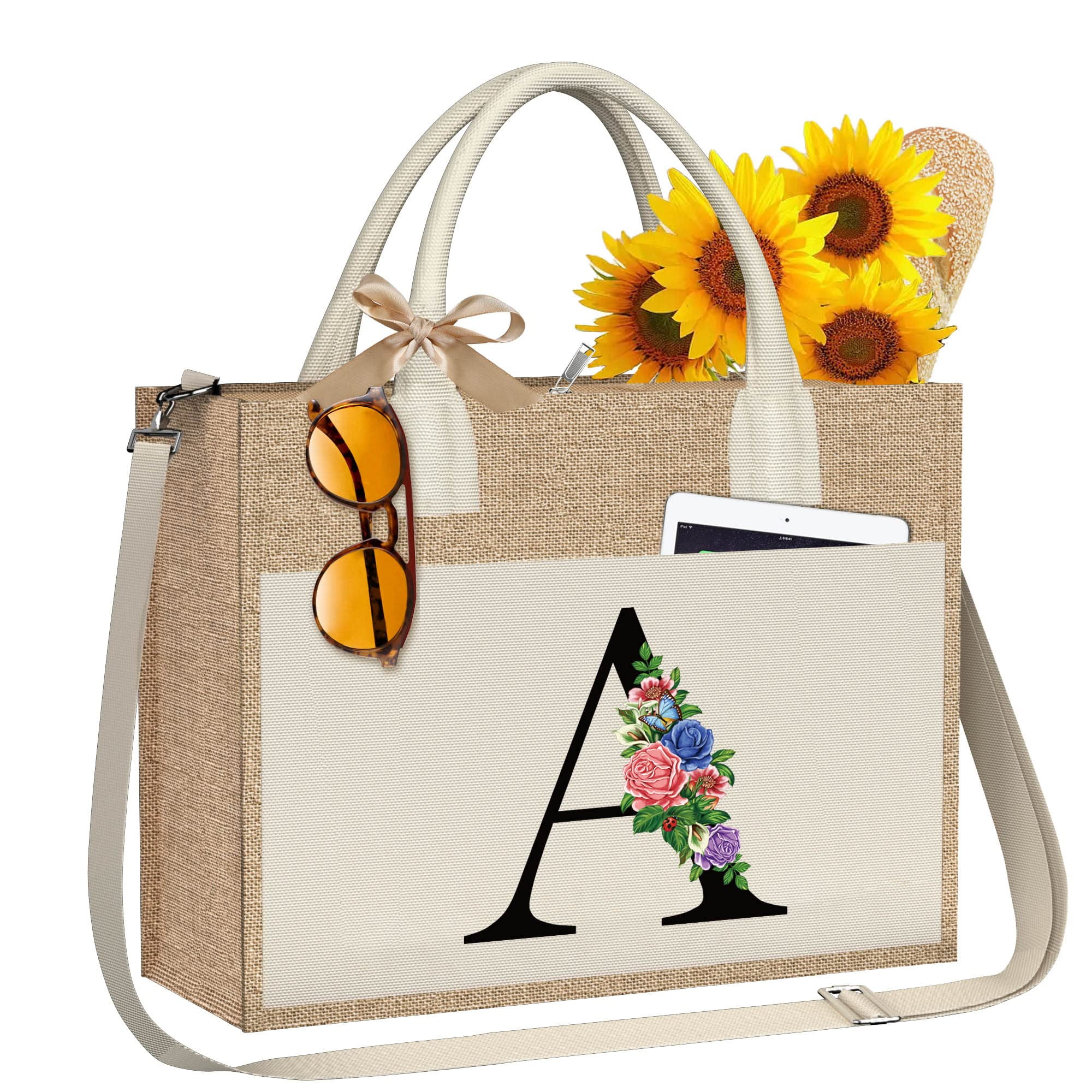 Initial Jute Tote Bag for Women Girls Zipper Pocket Adjustable Strap ...
