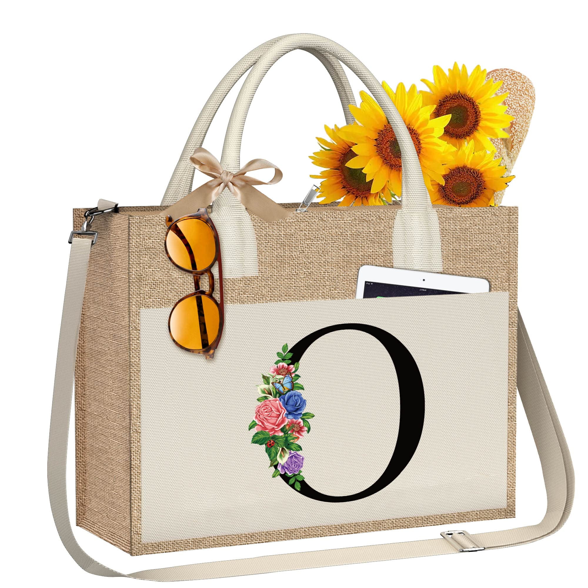 Initial Jute Tote Bag for Women Girls Zipper Pocket Adjustable Strap ...