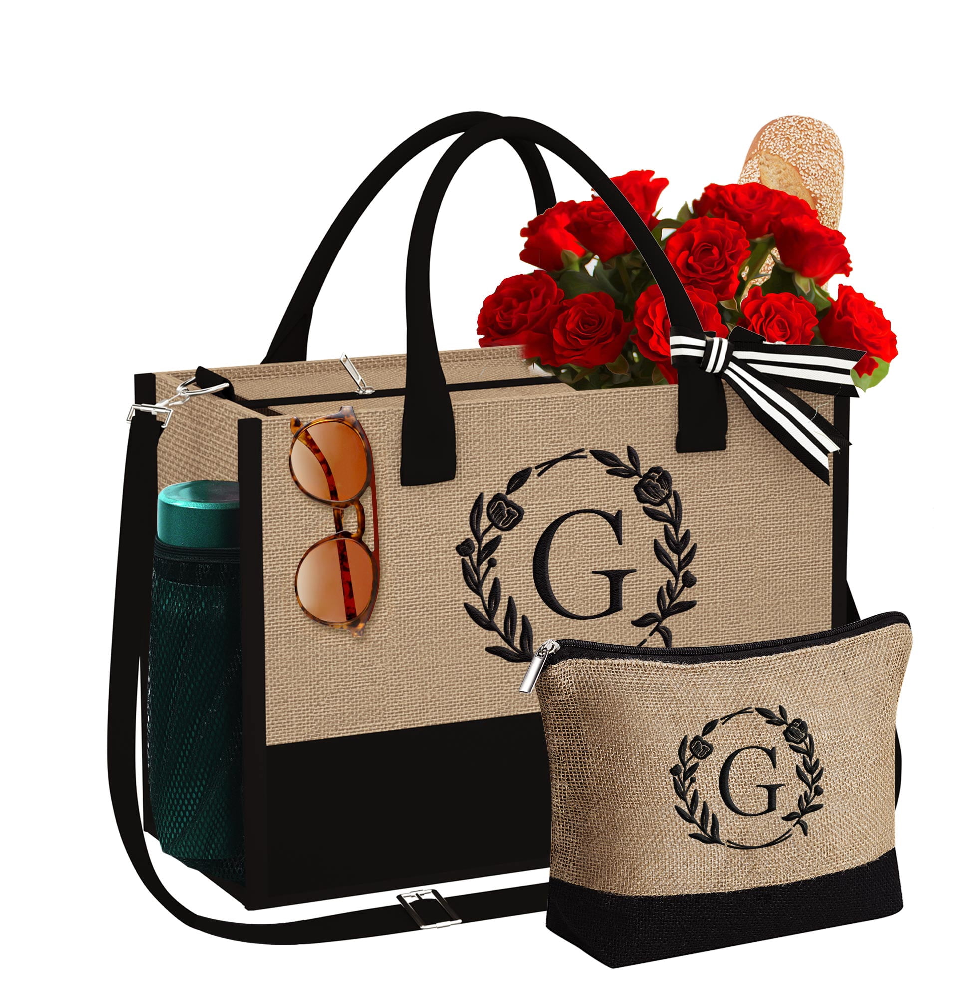 Turandoss Initial Jute Tote Bag with Makeup Bag Beach Bag Pockets ...
