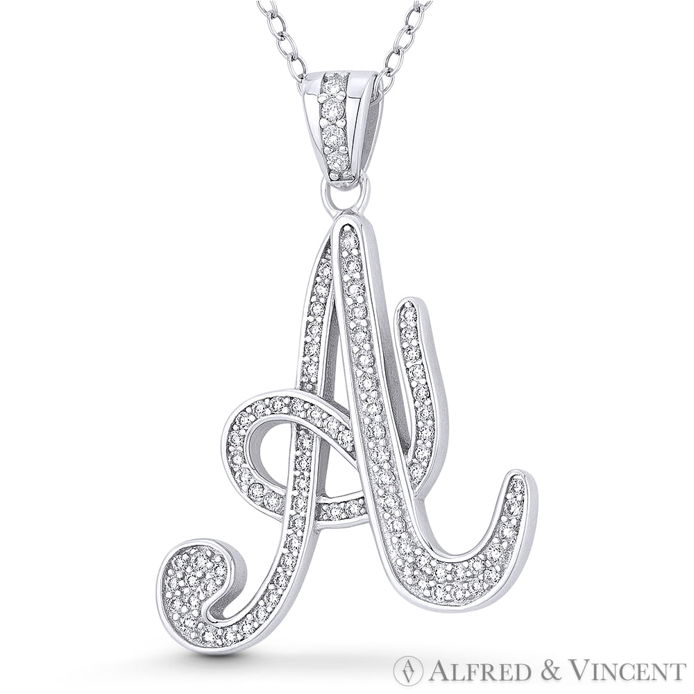 Initial Letter "A" Cursive Script Cubic Zirconia CZ Crystal Pendant in ...