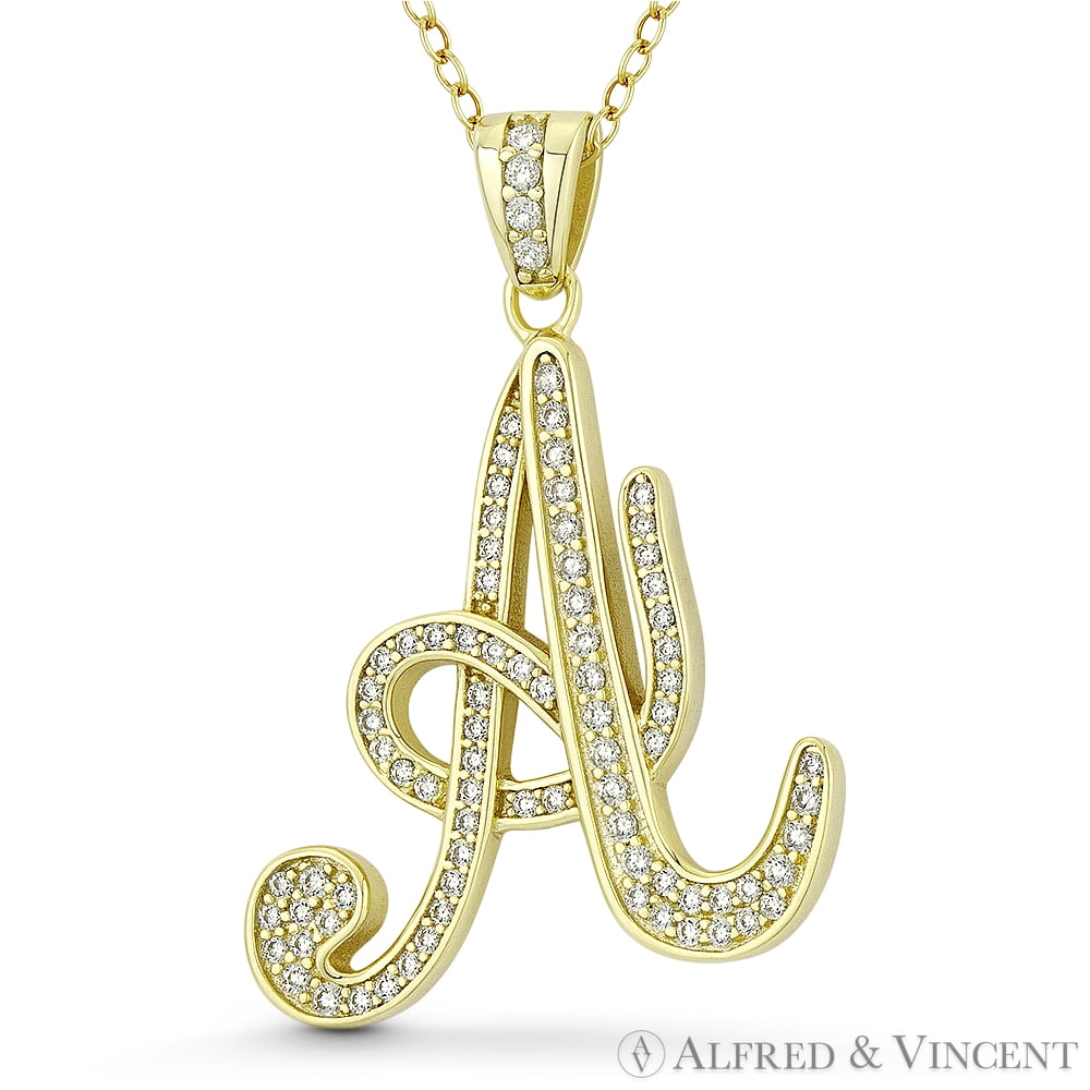 Initial Letter "A" Cursive Script Cubic Zirconia CZ Crystal Pendant in ...