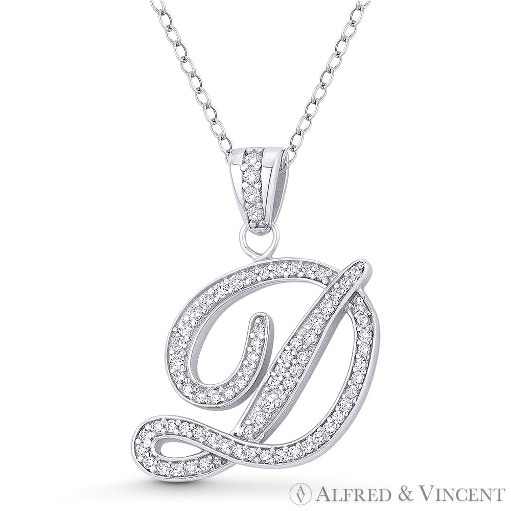 Initial Letter "D" Cursive Script Cubic Zirconia CZ Crystal Pendant in ...