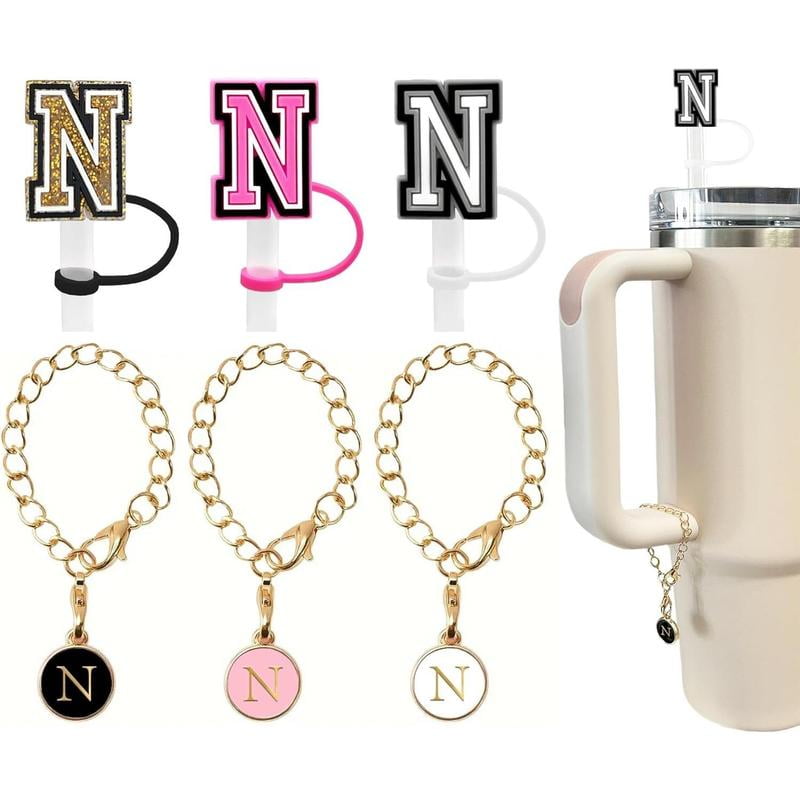 Initial Letter Design Cute Chain Charm and Straw Cover Cap Set ...
