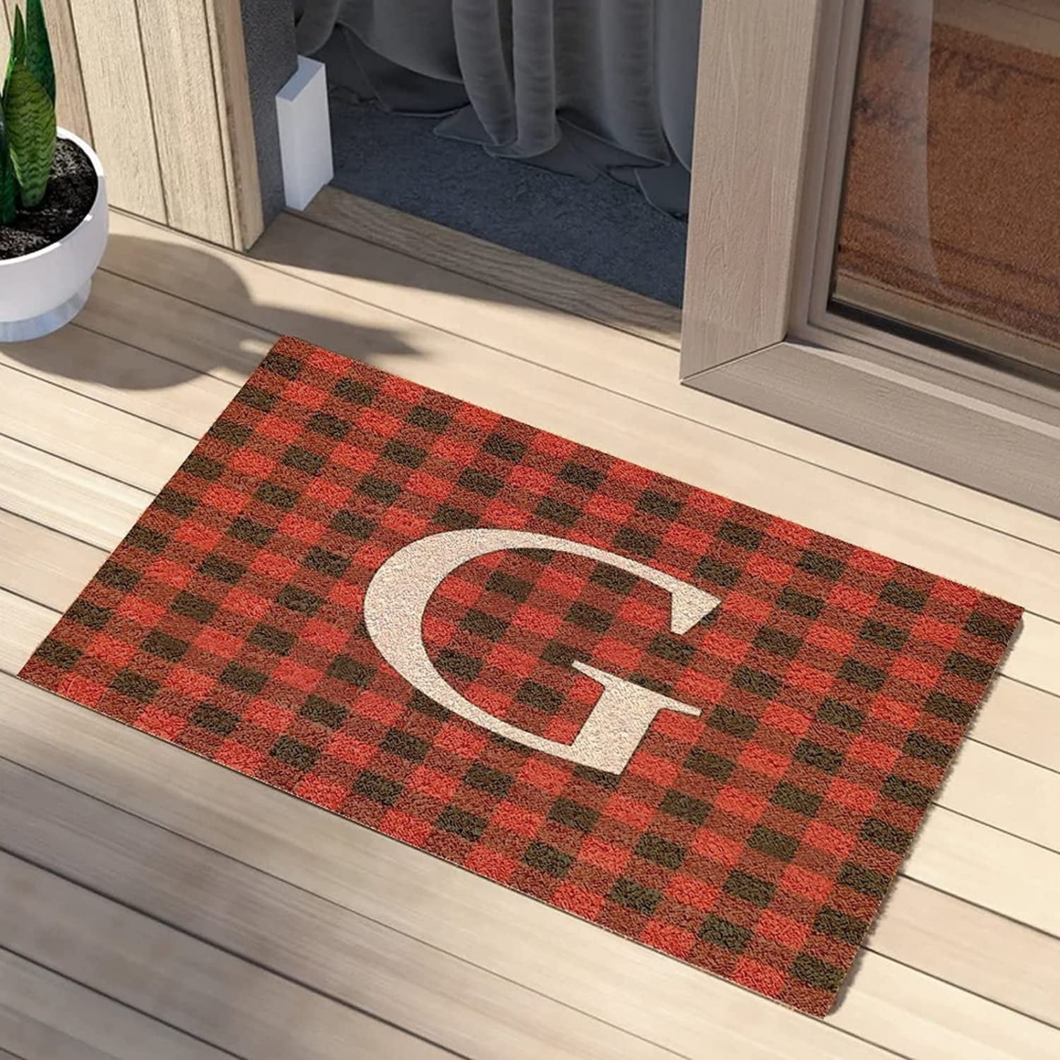 Initial Letter G Entry Mat Low Profile 2024 Red Black Buffalo Plaid ...