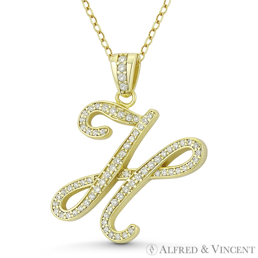 Initial Letter "H" Cursive Script Cubic Zirconia Crystal Pendant in ...