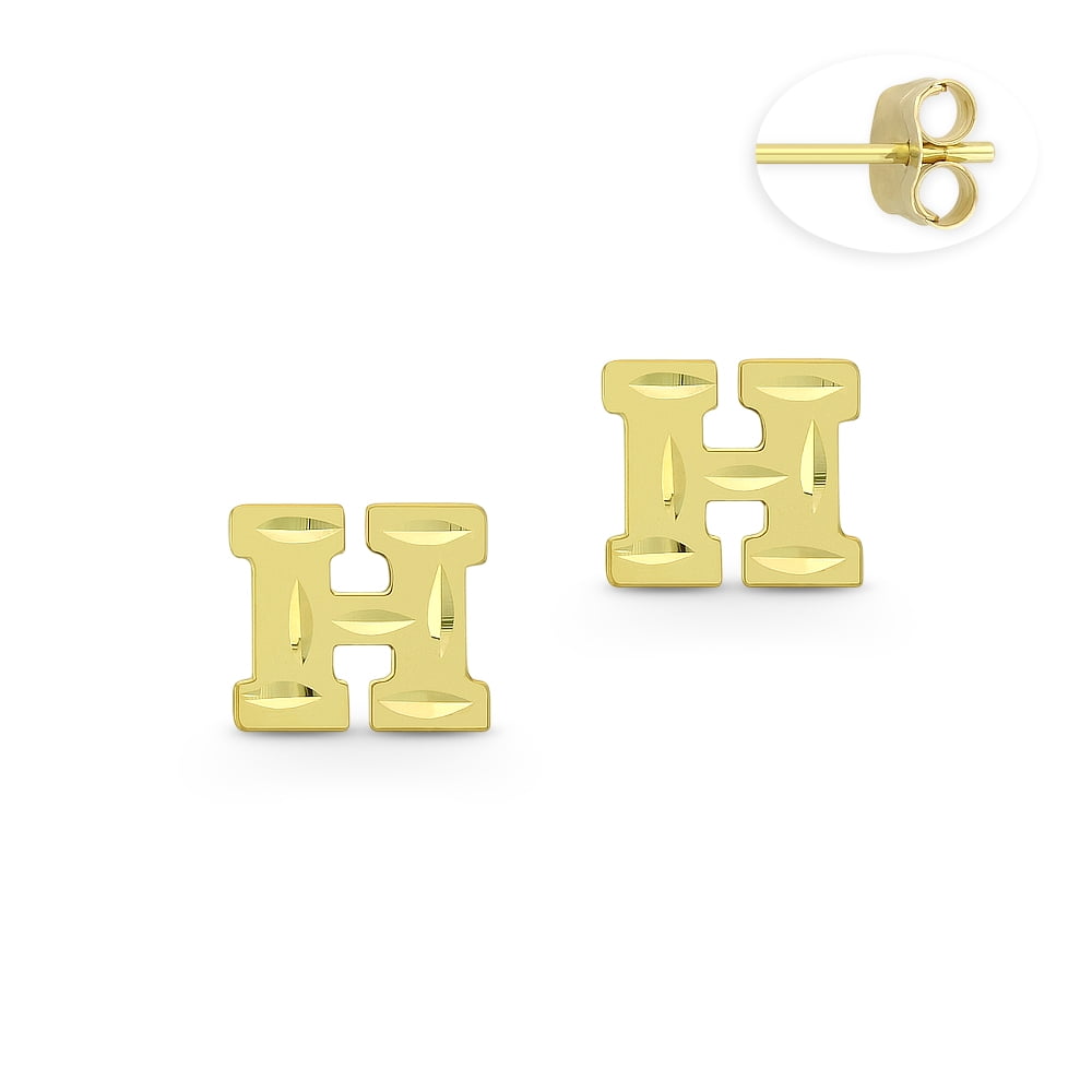 Initial Letter "H" Stud Earrings with Push-Back Posts in 14k Yellow ...