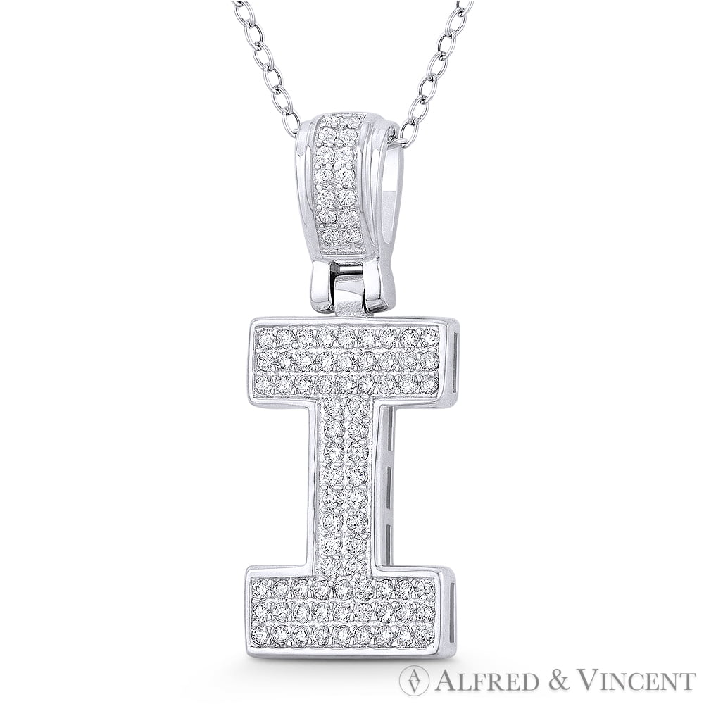 Initial Letter "I" Block Script Cubic Zirconia CZ Crystal Pendant in ...