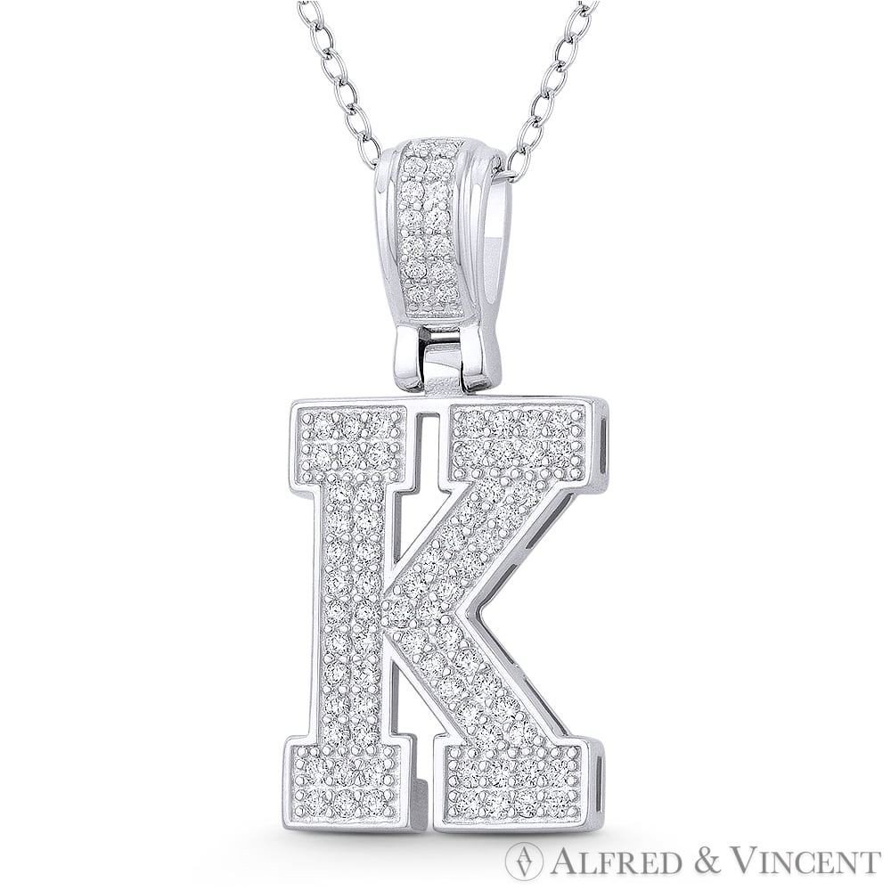 Initial Letter "K" Block Script Cubic Zirconia CZ Crystal Pendant in ...