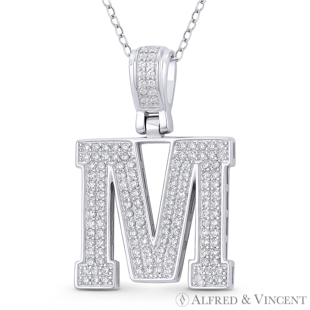 Initial Letter "M" Block Script Cubic Zirconia CZ Crystal Pendant in ...