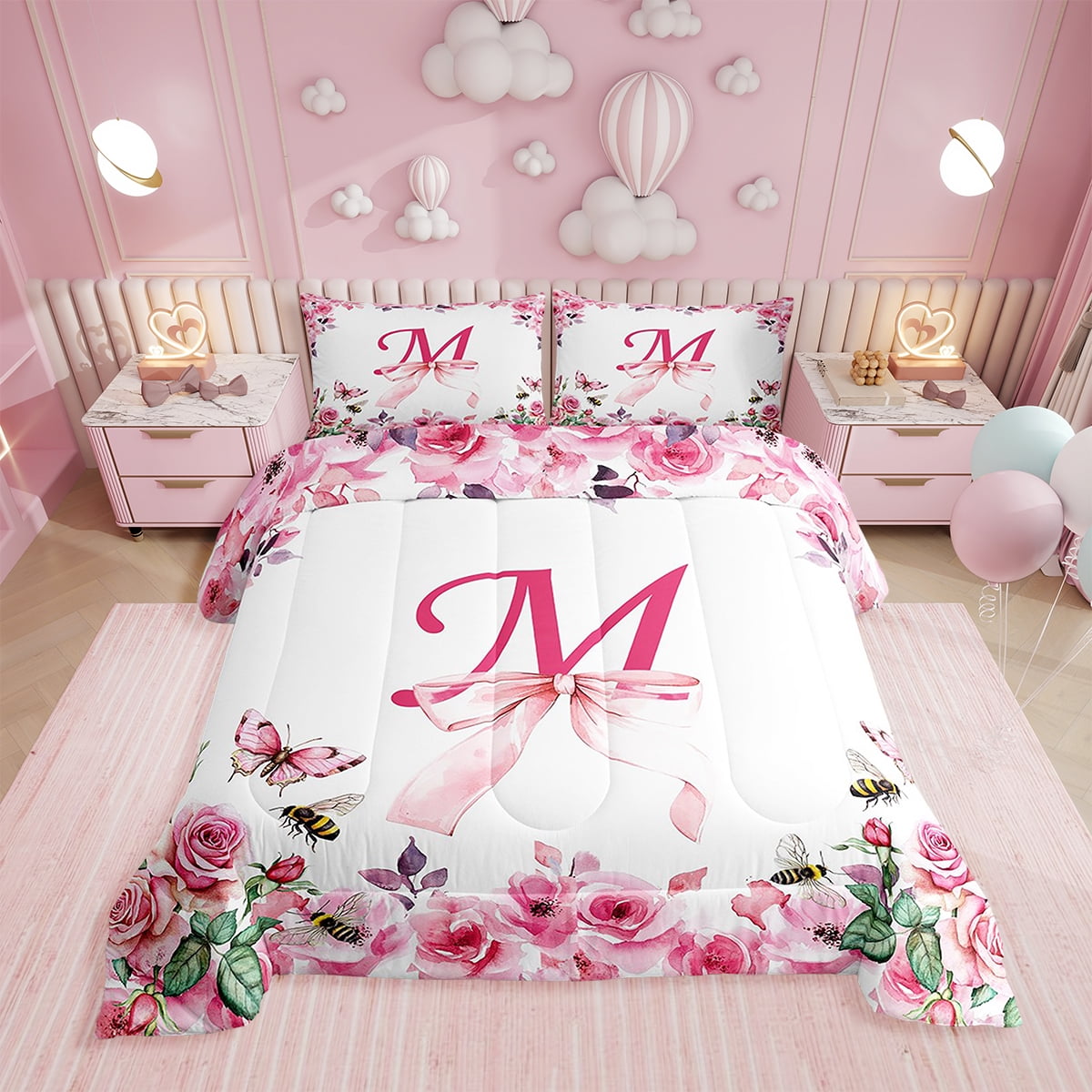 Initial Letter M Comforter Set,Initial A-Z Toddler Bedding Set,Floral ...