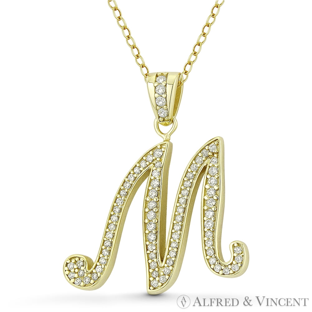 Initial Letter "M" Cursive Script Cubic Zirconia CZ Crystal Pendant in ...