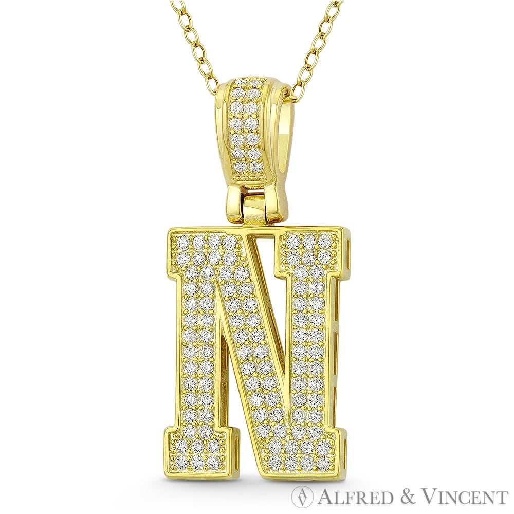 Initial Letter "N" Block Script Cubic Zirconia Crystal Pendant in .925 ...