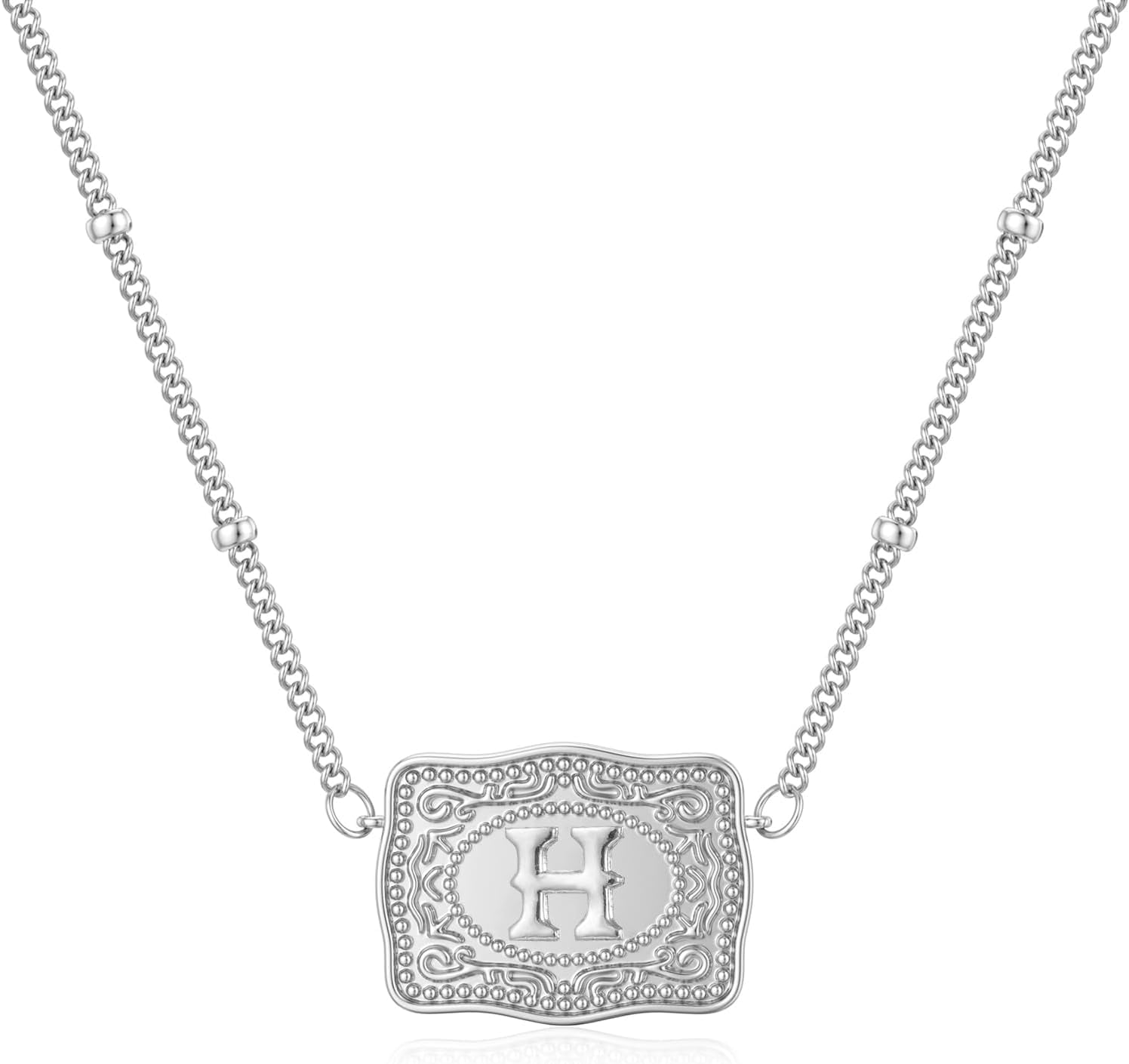Initial Letter Necklace for Women Embossed Belt Buckle Necklace Sliver ...