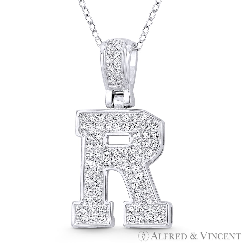 Initial Letter "R" Block Script Cubic Zirconia CZ Crystal Pendant in ...