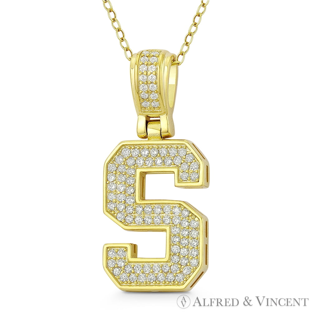 Initial Letter "S" Block Script Cubic Zirconia CZ Crystal Pendant in ...