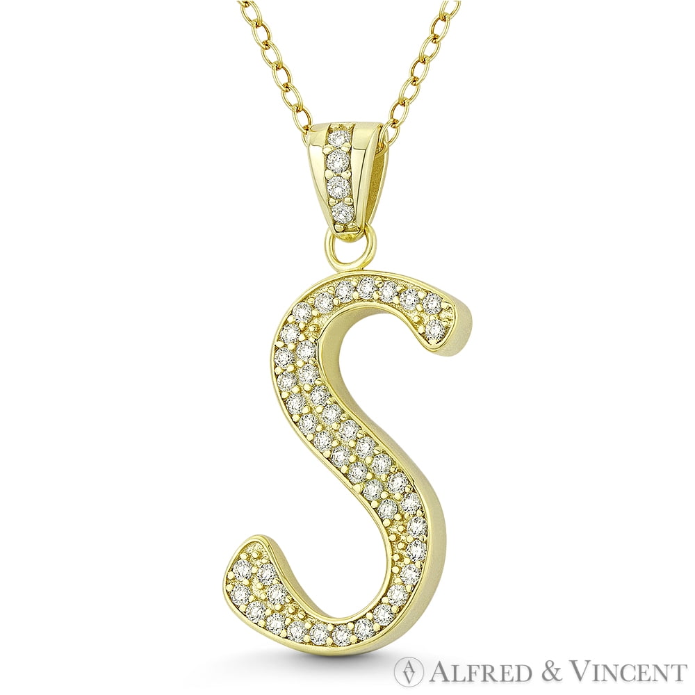 Initial Letter "S" Cursive Script Cubic Zirconia CZ Crystal Pendant in ...