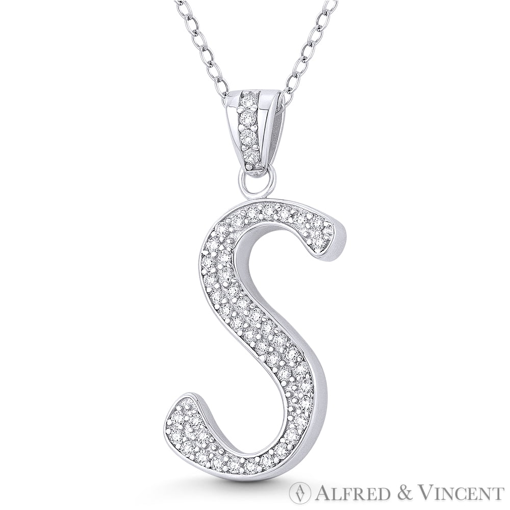 Initial Letter "S" Cursive Script Cubic Zirconia CZ Crystal Pendant in ...