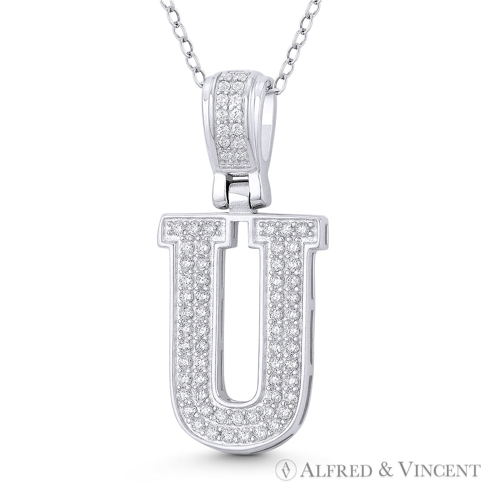 Initial Letter "U" Block Script Cubic Zirconia CZ Crystal Pendant in ...