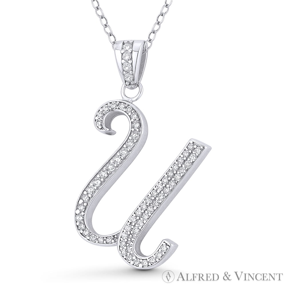 Initial Letter "U" Cursive Script Cubic Zirconia CZ Crystal Pendant in ...