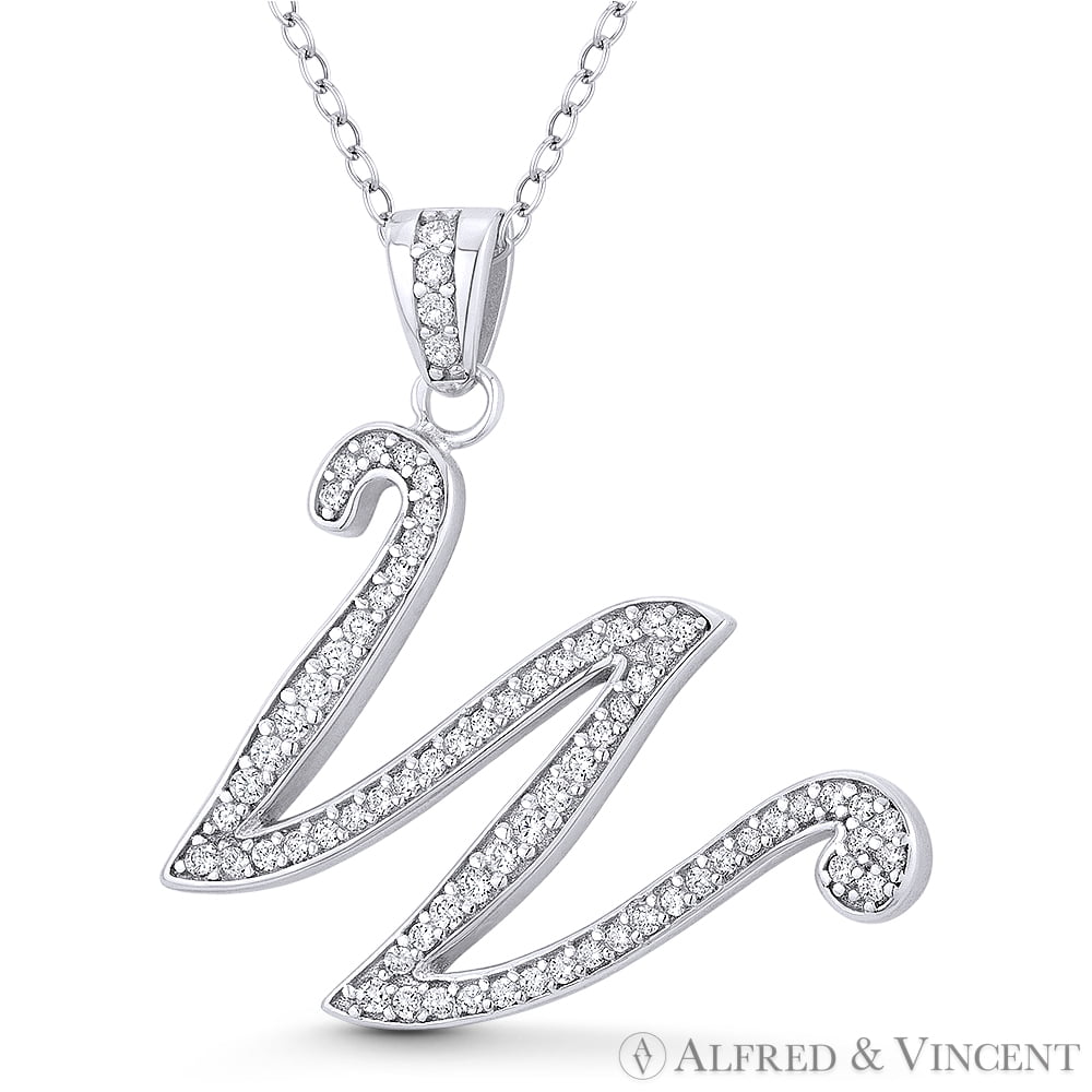 Initial Letter "W" Cursive Script Cubic Zirconia CZ Crystal Pendant in ...