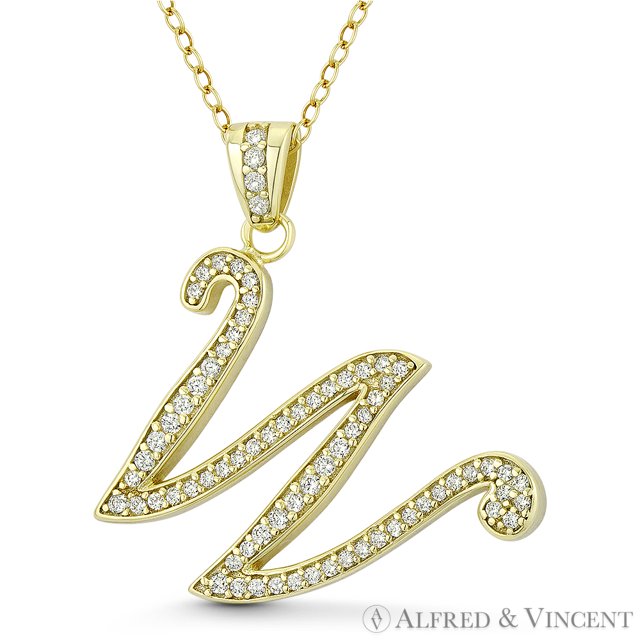 Initial Letter "W" Cursive Script Cubic Zirconia Crystal Pendant in ...