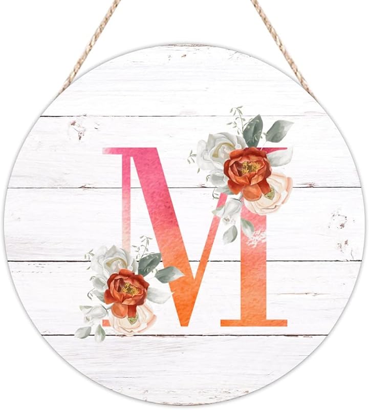 Initial M Red Round Wood Welcome Sign for Front Door Monogram Alphabet ...
