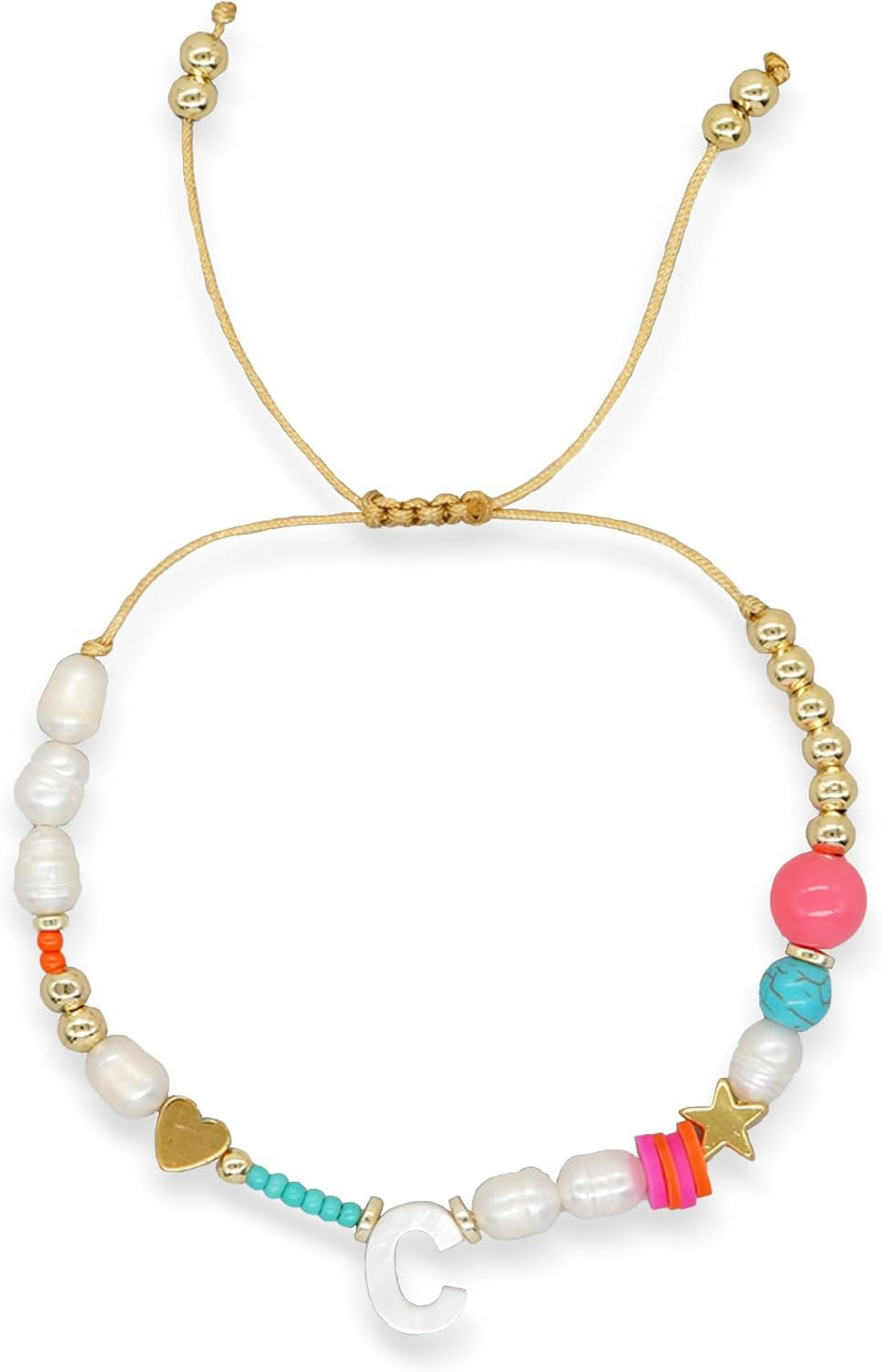 Initial Pearl Beaded Adjustable Bracelets For Women, Cute Handmade Gold Clay Beads Friendship ...