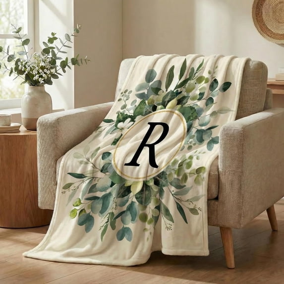 Initial R Flannel Blanket Throw, Letter Theme Eucalyptus Floral Soft ...