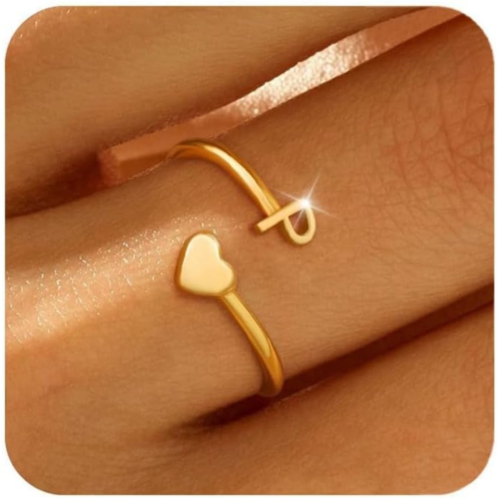 Initial Rings for Women Non Tarnish 18K Gold Plated Heart Initial Stackable Rings Adjustable ...