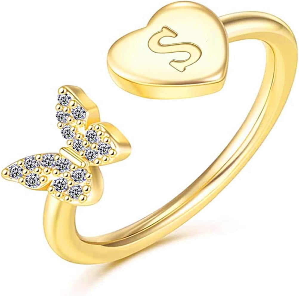 Initial Rings for Women Teen Girls Stackable Butterfly Initial Letter Rings Crystal Inlaid ...