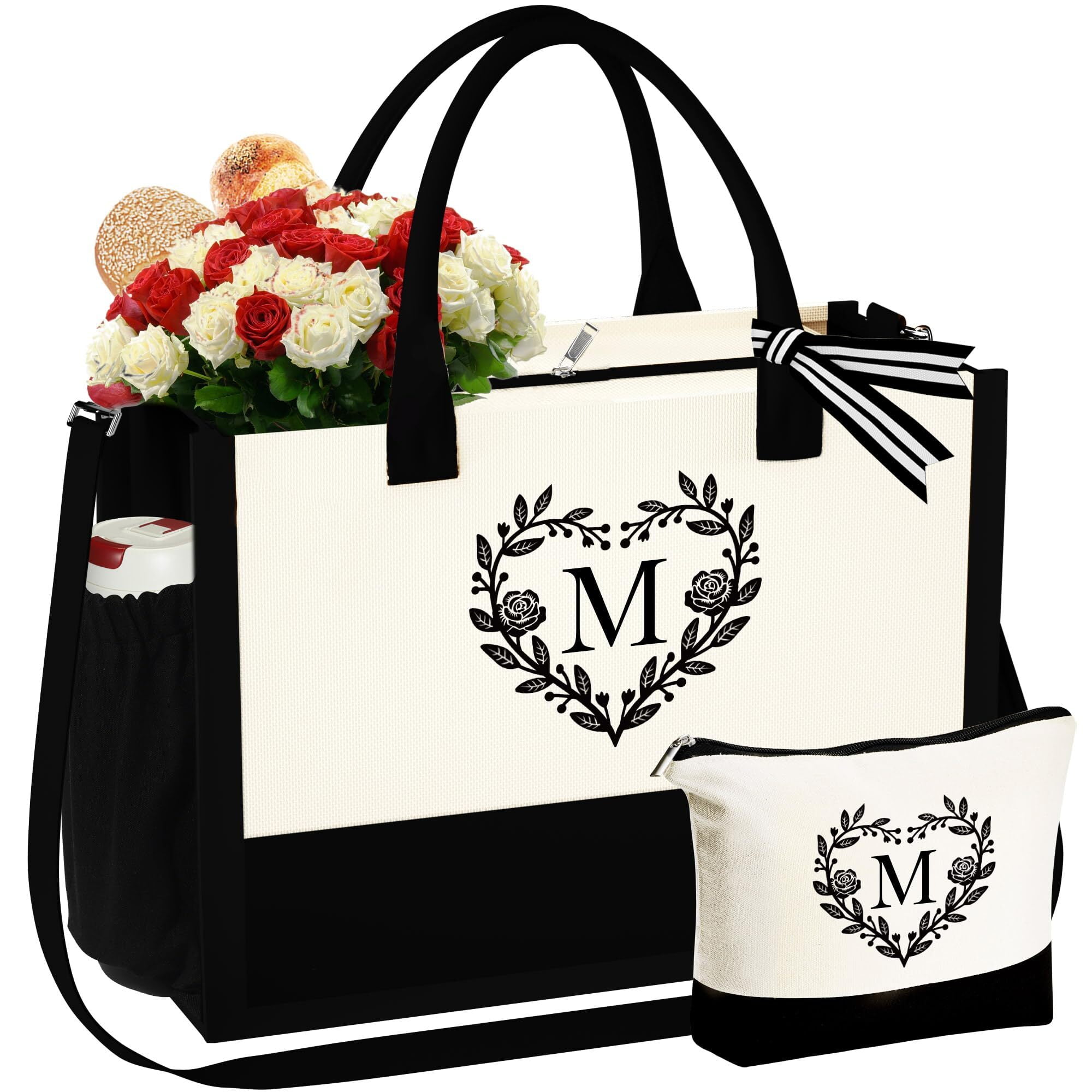 Initial Tote Bag with Make Up Bag Canvas Beach Bag with Zipper Birthday ...