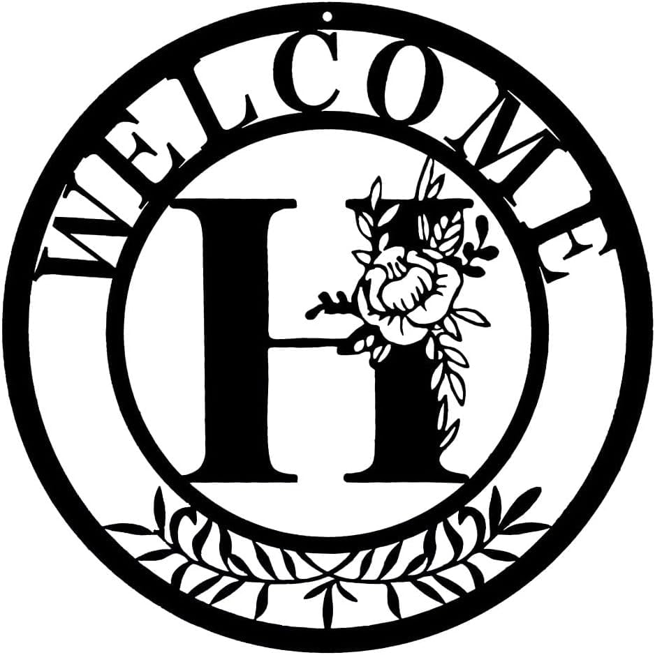 Initial Welcome Sign Front Door Wreath, 12 Inch Metal Monogrammed Sign ...