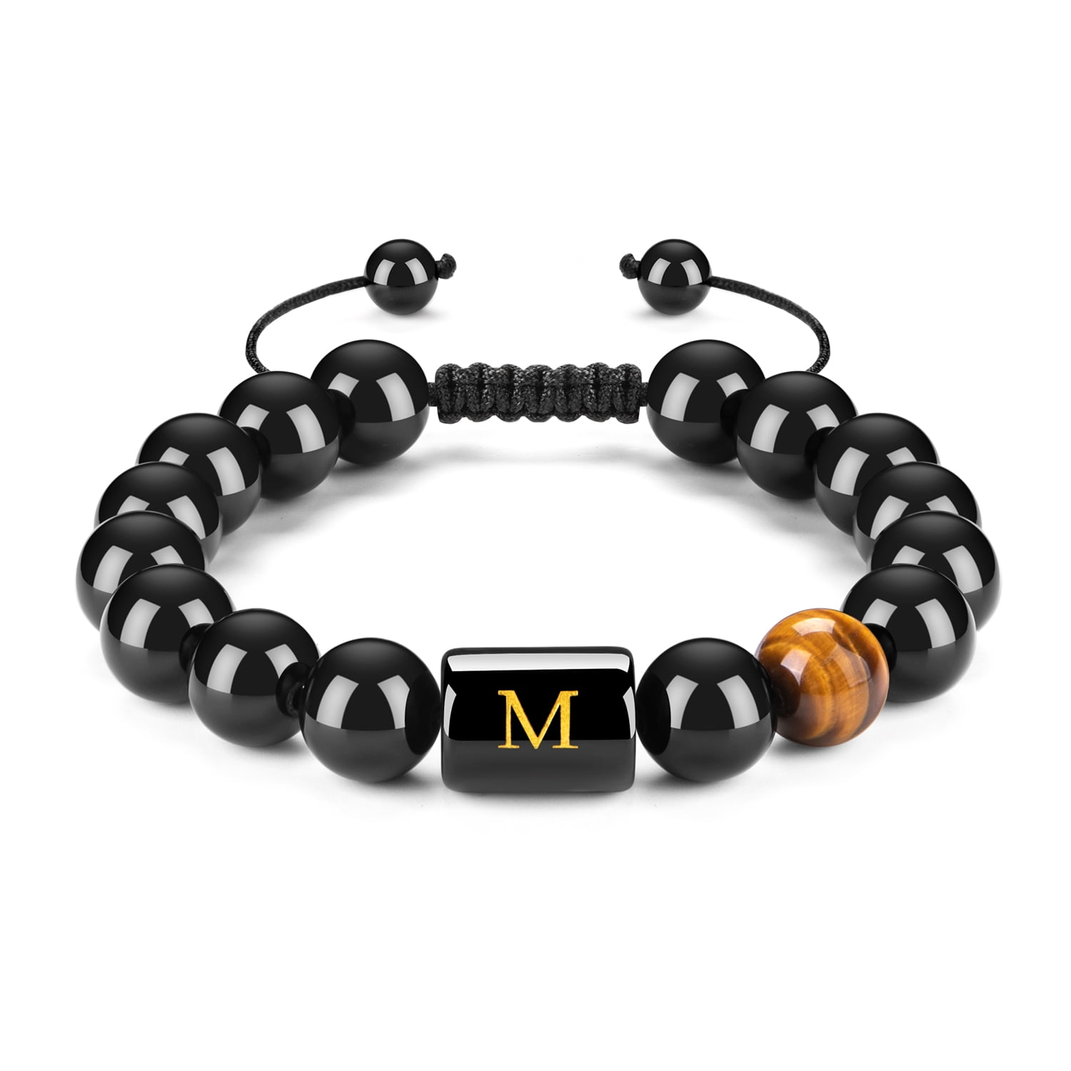 Initials Bracelets for Men Letter Link Handmade Natural Black Onyx ...