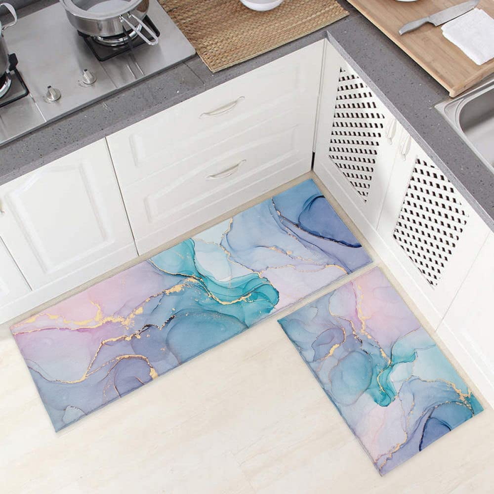 Ink Art Kitchen Mat Set of 2, Pastel Blush and Turquoise Golden Cracked ...
