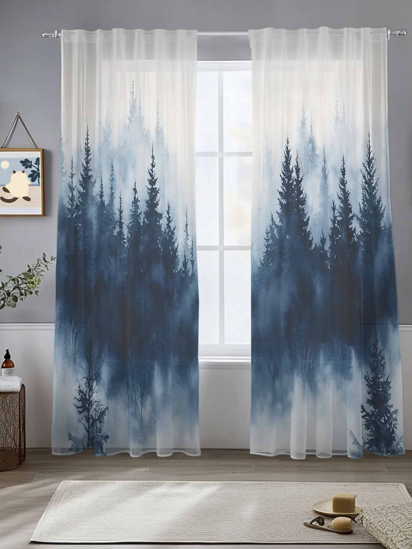 Ink Blue Forest Sheer Curtains for Living Room Bedroom Ombre Tree ...