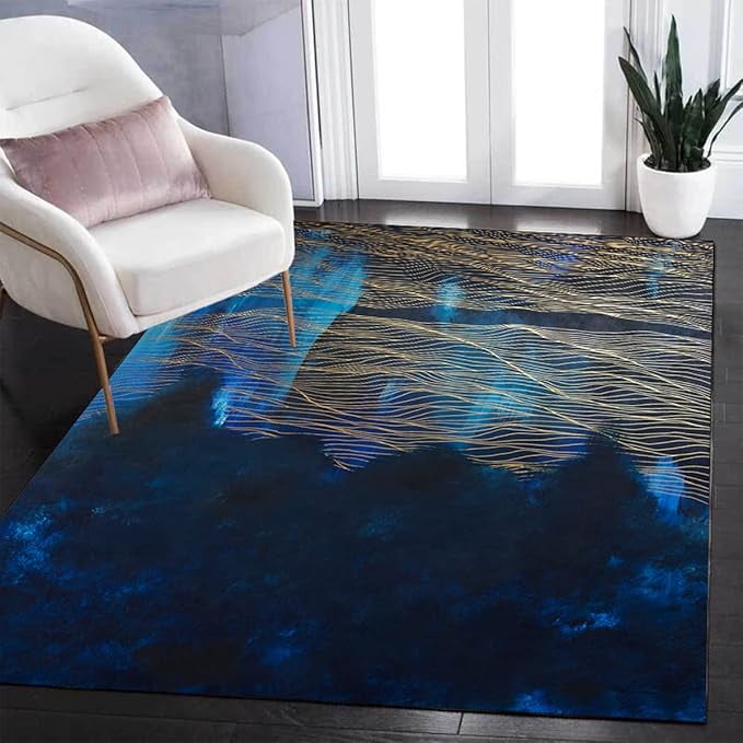 Ink Blue Gold Striped Abstract Art Area Rug For Living Room Bedroom ...